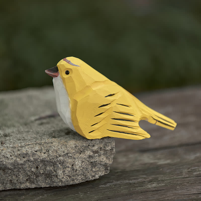 Wooden Bird Figurine Yellow Bird Statue Animal Ornament Handmade Simul ...